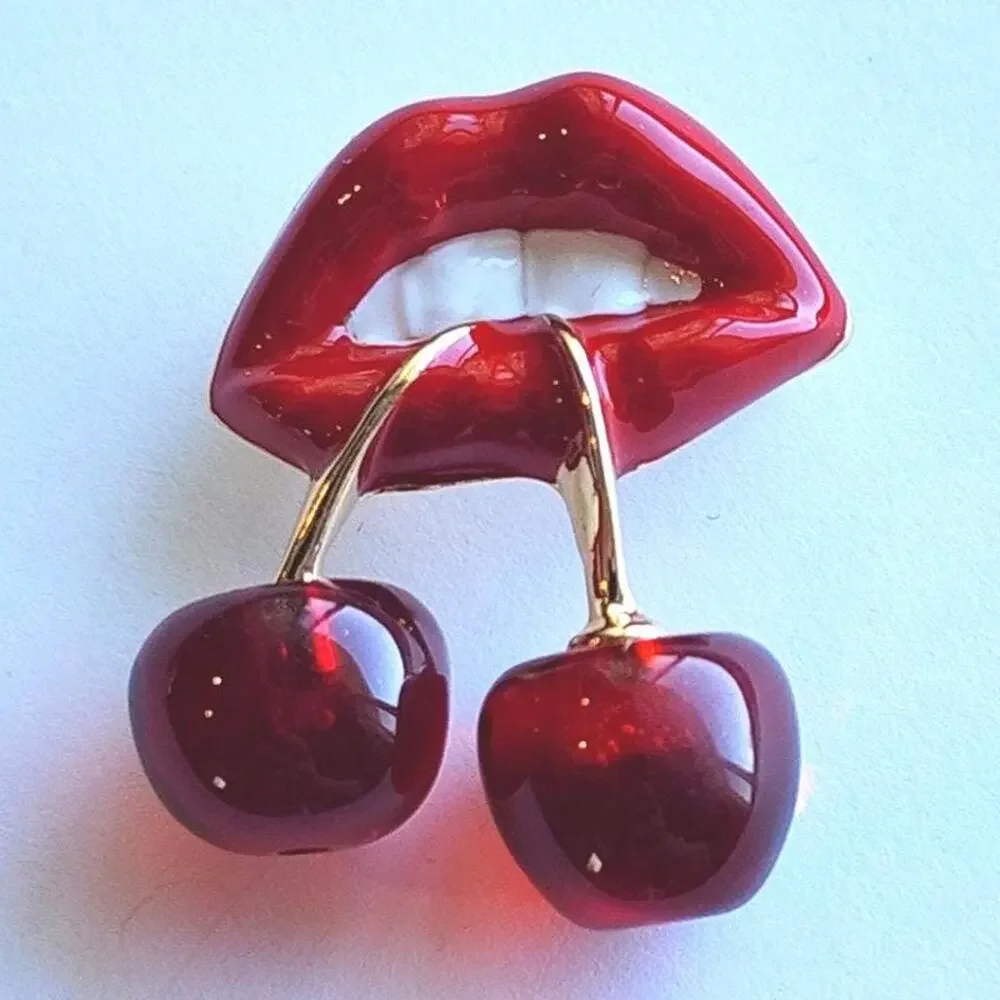 Jewelry | Red Lips And Cherries Brooch Enameled Mouth Opaque Fruit ...